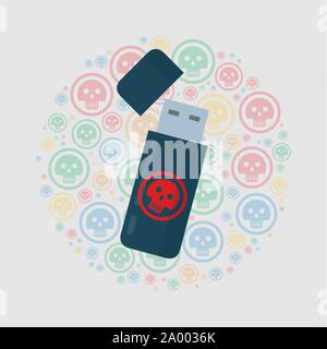 Vector illustration of an infected USB flash drive. Virus icon on a USB ...