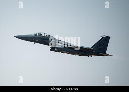 A 336th Tactical Fighter Squadron F-15E Eagle aircraft is readied for ...