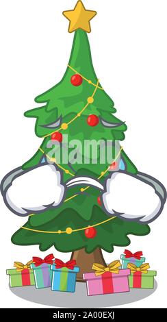 Sad crying Christmas tree with tears in her eyes and a broken toy in ...