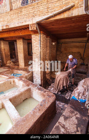 Small traditional leather tannery Sidi Moussa in ancient medina of Fes ...