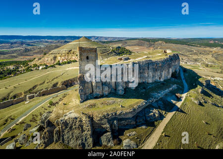 Aerial view of Atienza medieval town and castle in Spain with blue sky ...