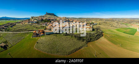 Aerial view of Atienza medieval town and castle in Spain with blue sky ...