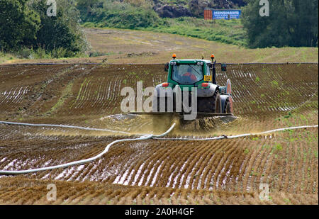 A John Deere tractor drags a hose pipe carrying cattle muck slurry ...