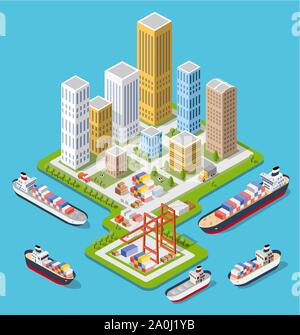 Sea port isometric set with city persons, pier building, cargo ships ...