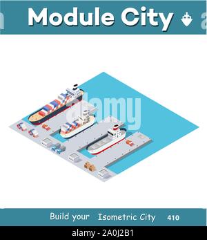 Isometric City industrial port with transport boat 3D illustration ...
