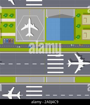 Airport top view. Terminal building and civil aircraft airport runway ...