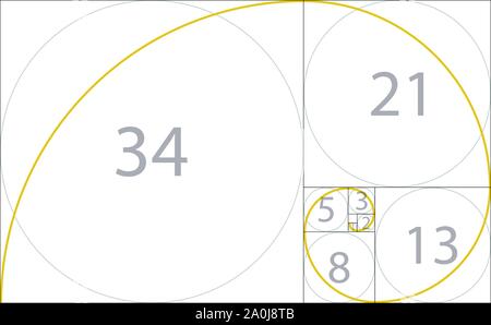 Golden ratio template. Gold logarithmic spiral in rectangle frame divided on lines. Fibonacci ...