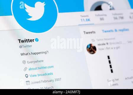 A closeup of a computer screen showing the Twitter homepage and logo ...