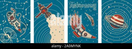 Set of vintage space banners. Galaxy Poster in retro style. Planets and universe, astronaut or ...