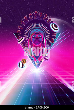 Glowing futuristic background with native american girl design, 3d ...