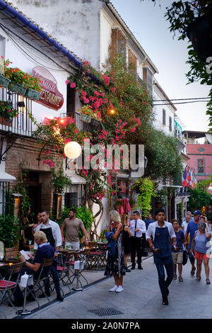 A pretty street in Marbella, Spain, has crazy paving, an abundance of ...
