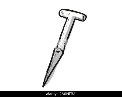 Retro cartoon style drawing of a garden scoop or trowel , a garden or ...