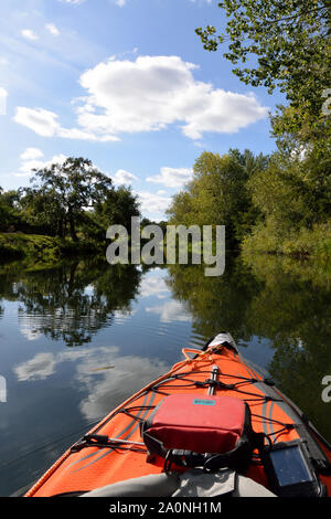 Bow of Advanced Elements inflatable kayak on Barton Broad, Norfolk, UK ...
