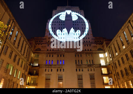 London, UK. 21st September 2019. Batman Bat signal projected on Senate ...