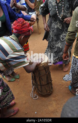Colorful kebero, the traditional drum of the Ethiopian Christian ...