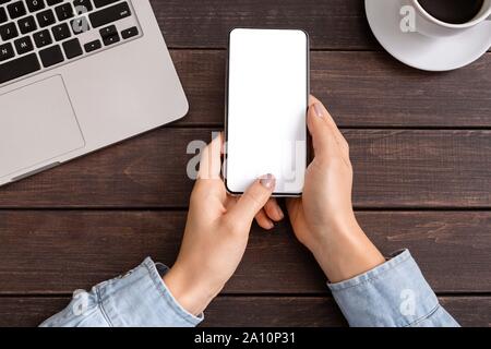 Hands with phone and laptop. Promo business banner with copy space for ...