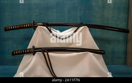 Set of long and short katana swords with black lacquer scabbard Stock ...