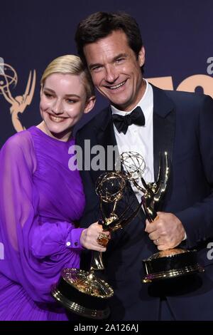 Julia Garner and Jason Bateman in the press room during the 71st ...