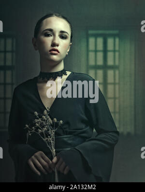 Dark Lady. Horror movie styled female portrait with castle interior ...