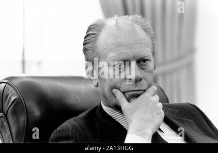 President Gerald Ford portrait at the White House swimming pool in July ...