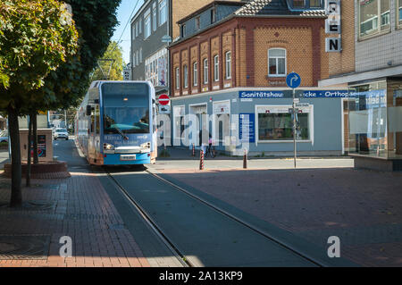 Tram passing through the pedestrian zone in Frechen, near Cologne, NRW ...