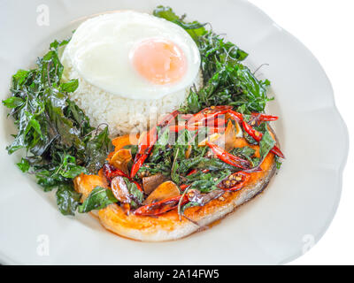 Salmon Stir fried Spicy Thai Basil hot sauce,Basil crispy with rice and ...