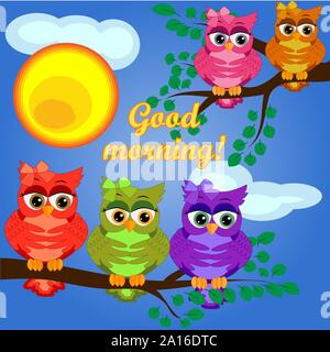 Coffee poster with owls. Cute drawing owl holding hot drink cup ...