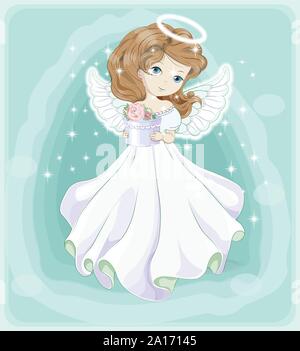 beautiful, charming little princess, Christmas angel, in white dress ...
