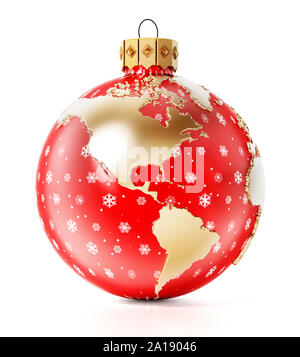 Christmas bauble with earth map isolated on white background. 3D ...