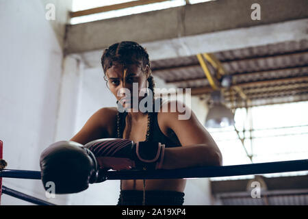 Female boxer with boxing gloves leaning on ropes and looking at camera ...