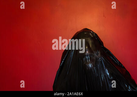 Plastic model of human skull with eyes and cranium opened to reveal ...