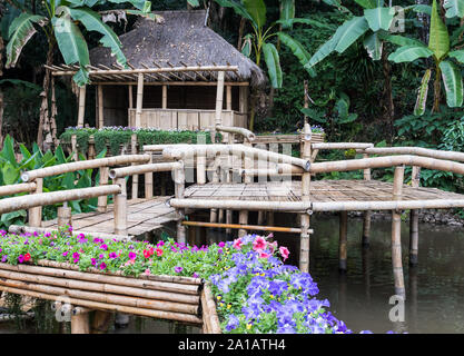 Bamboo bridge with the flower row on the pond of the botanical garden ...