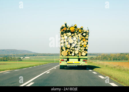 Rear view of logging truck on rural road with full load of timber Stock ...