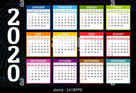Colorful calendar 2020 year. Week starts from sunday. Vector ...