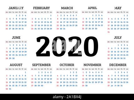 August 2020. Vector monthly calendar template 2020 year in simple style ...