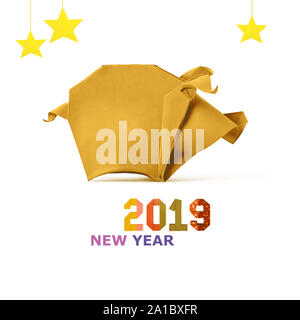 Symbol of 2019 chinese new year yellow ground pig on holiday festive ...