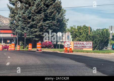 Vernal, USA - July 23, 2019: Utah city street in historic town with ...