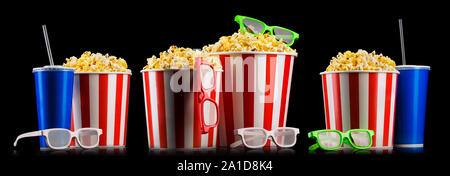 Set of buckets with popcorn and 3D glasses isolated on black background Stock Photo - Alamy