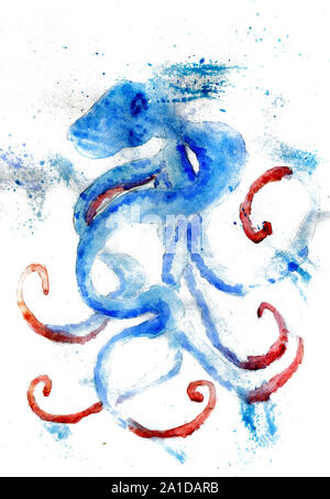 Watercolor giant squid and octopus. Isolated illustration on a white ...