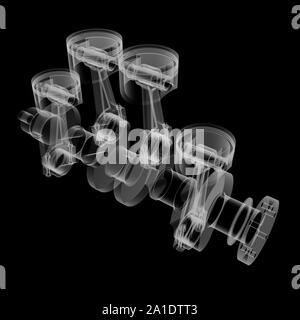 Pistons and crankshaft X-Ray style. Isolated on black background. 3D ...