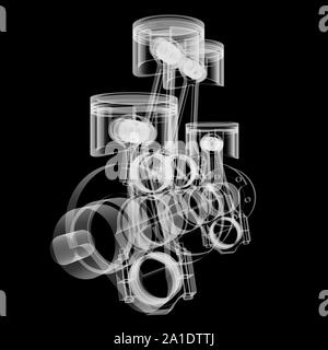 Pistons and crankshaft X-Ray style. Isolated on black background. 3D ...