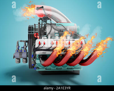 Modern powerful internal combustion engine with flame emissions side ...