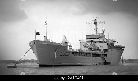 Royal Fleet Auxiliary ship RAF Lyme Bay sailing out of the docks at ...
