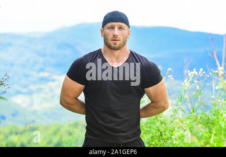 Power of nature. Discover world. Masculinity and male energy. Man ...