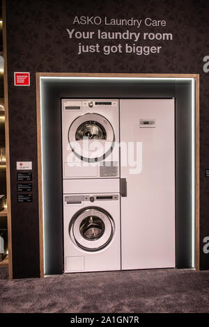 Berlin, Germany, Sep 2019 Asko washing machine tumble dryer on display ...