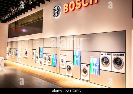 Berlin, Germany, Sep 2019 Bosch washing machines tumble dryers on ...