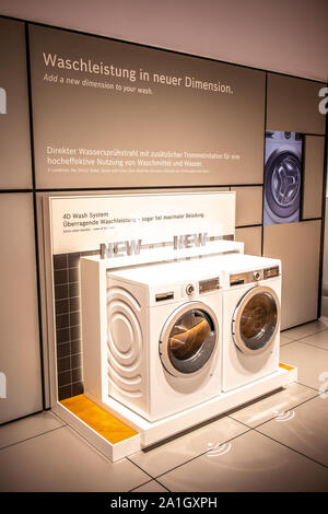 Berlin, Germany, Sep 2019 Bosch washing machines tumble dryers on ...