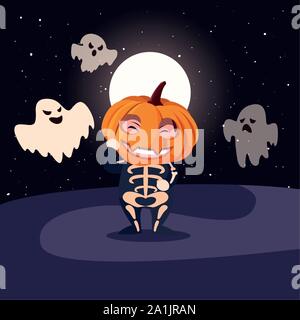 boy disguised as a skull dead in scene of halloween vector illustration ...