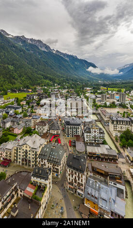 Chamonix, France. Aerial view of Chamonix valley mountains Montblanc in ...