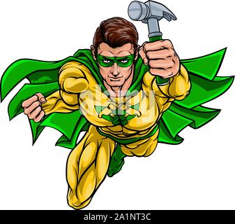 Construction worker superhero. Super hero builder in helmet and cloak ...